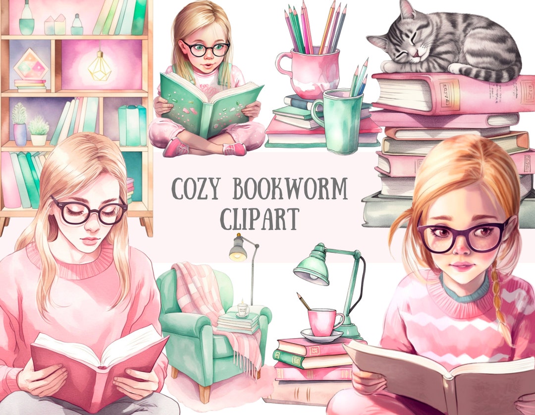 Watercolour Cozy Bookworm Clipart Book Lover Booknook PNG Digital Image ...