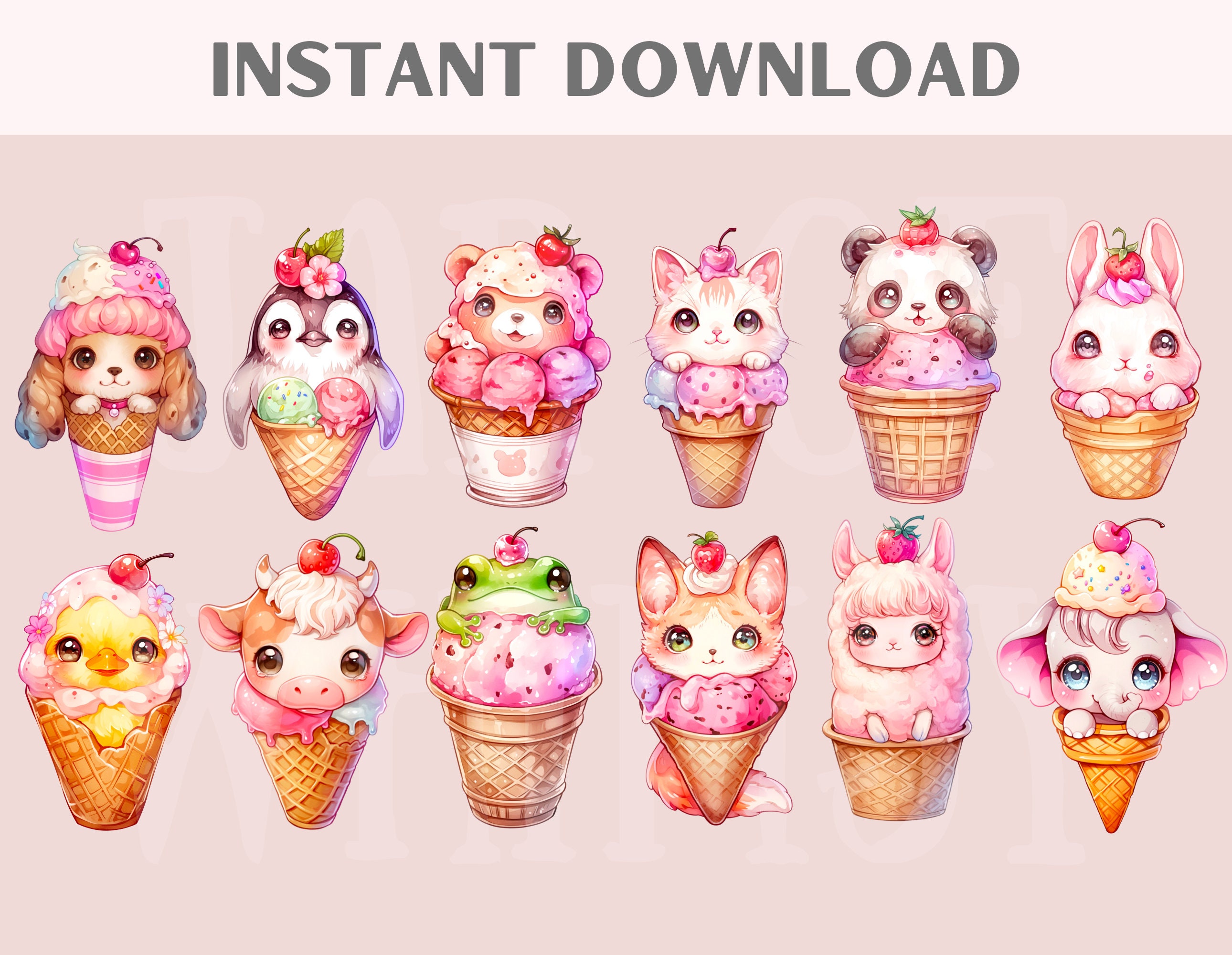 Watercolour Kawaii Ice Cream Animal Clipart Chibi Sundae PNG Digital ...