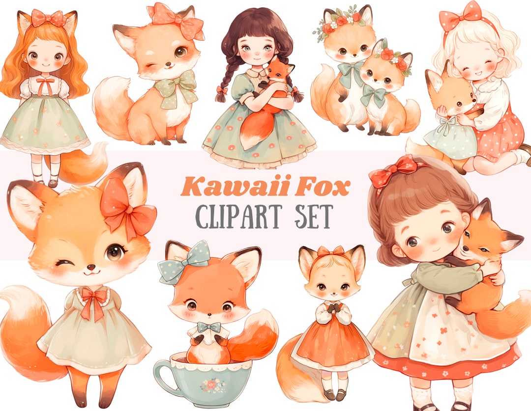 Watercolour Fox Clipart Kawaii Fox Woodland Mori Girl PNG Digital Image ...