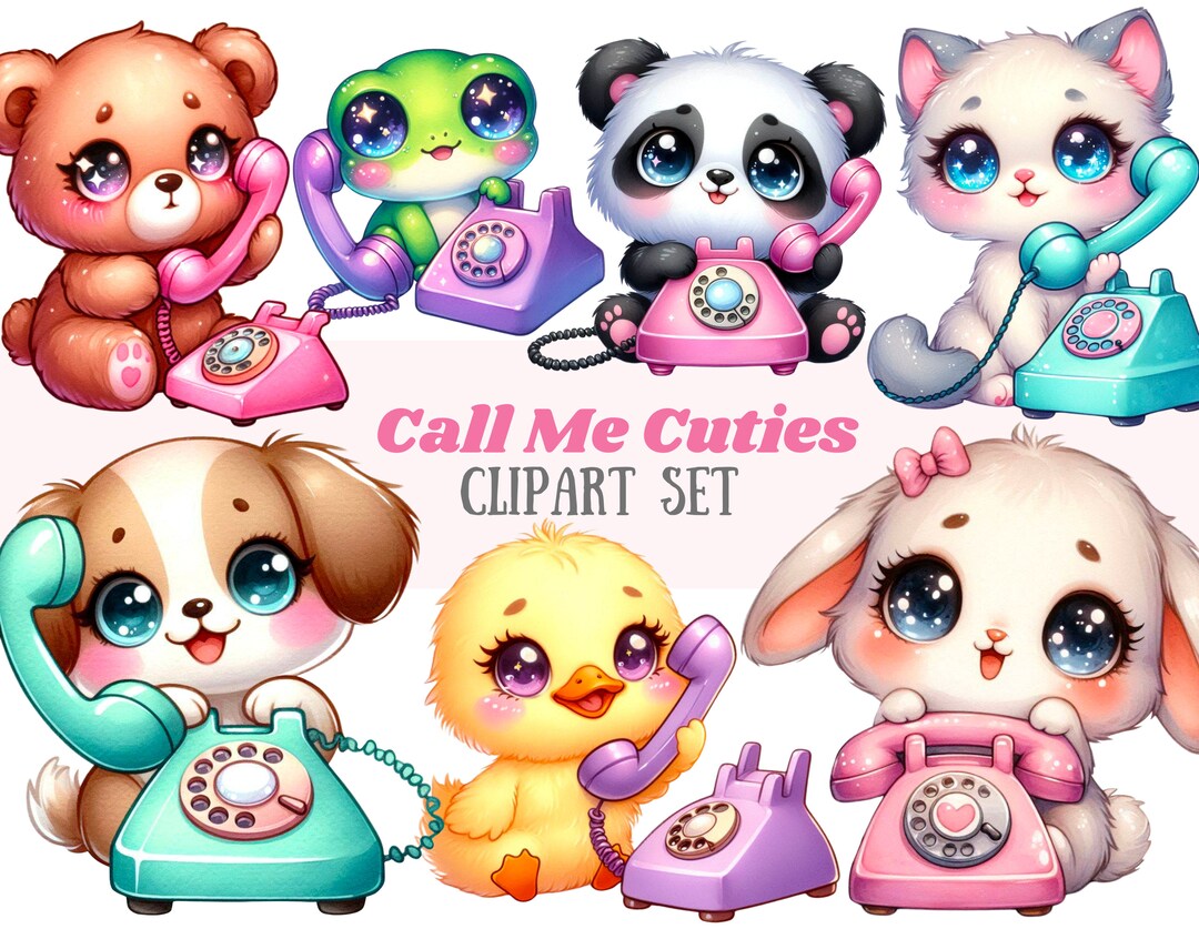 Watercolour Cute Call Me Clipart Retro Rotary Phone Animals PNG Digital ...