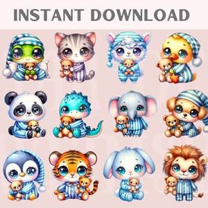 Watercolour Pyjama Animal Clipart Bed Time Nursery Animal PNG Digital ...