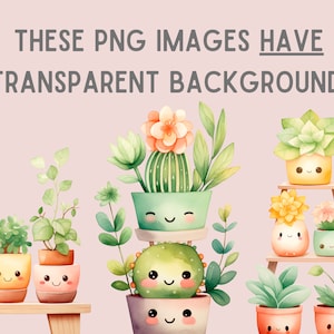 Watercolour Kawaii Pot Plant Clipart Cute Flower Pot Plants PNG Digital ...