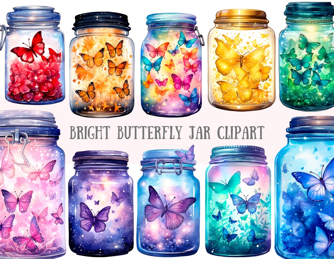 Watercolour Bright Butterfly Jar Clipart Magic Fantasy Jar PNG Digital ...