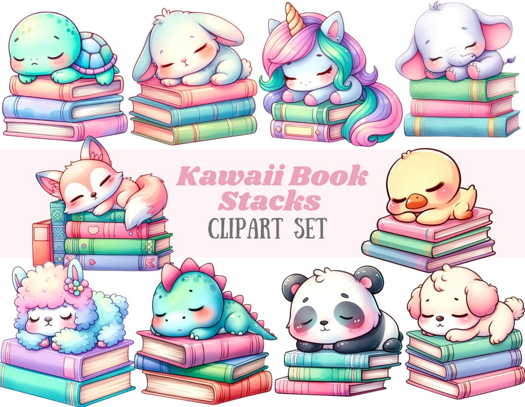 Watercolour Kawaii Book Stack Clipart Cute Bookworm Animals PNG Digital ...