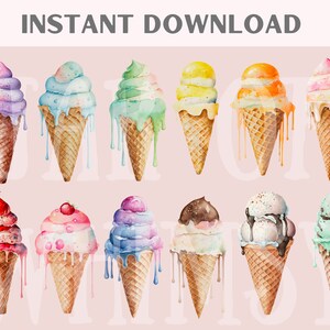 Watercolour Ice Cream Cone Clipart - Summer PNG Digital Image Downloads ...