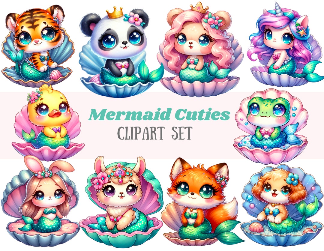 Watercolour Mermaid Animals Clipart Kawaii Chibi Mermaid PNG Digital ...