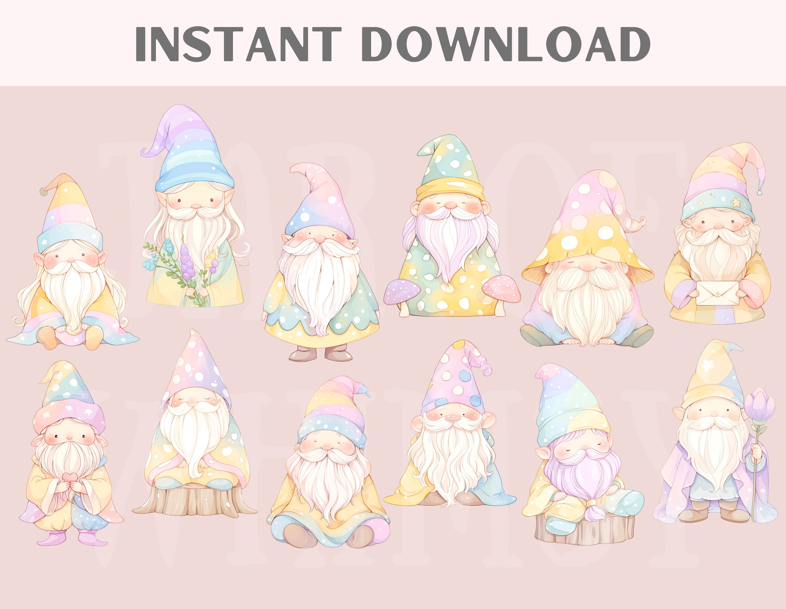Watercolour Gnome Clipart Cute Rainbow Pastel Garden Gnome PNG Digital ...