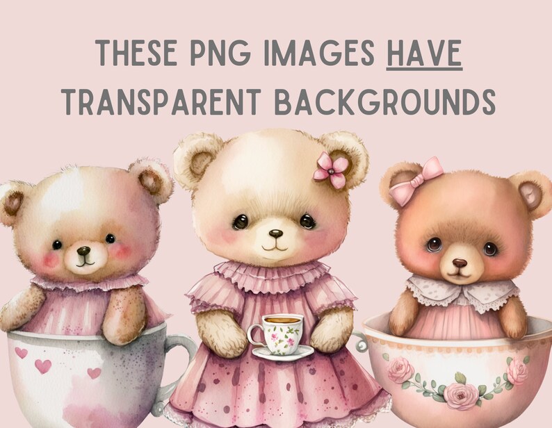 Watercolour Teddy Bear Tea Party Clipart - Pink Baby Bear PNG Digital ...