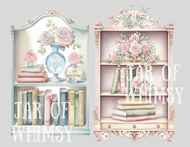 Watercolour Pastel Bookcase Clipart Bookshelf Bookworm PNG Digital ...
