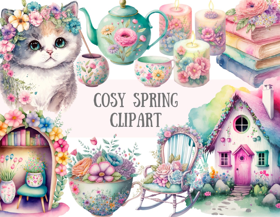 Watercolour Cosy Spring Clipart - Floral Book Nook PNG Digital Image ...