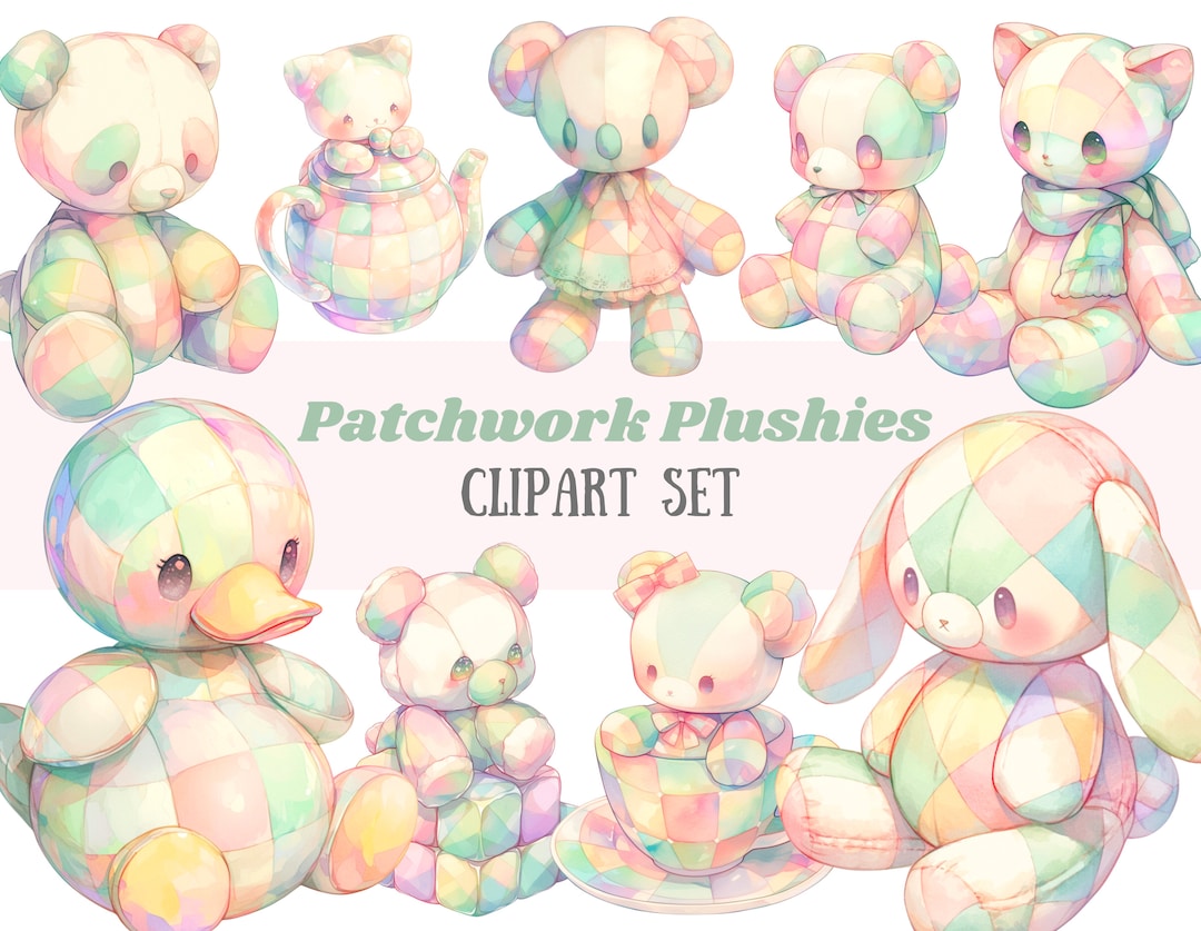 Watercolour Patchwork Plushie Clipart Stuffed Toy Animals PNG Digital ...