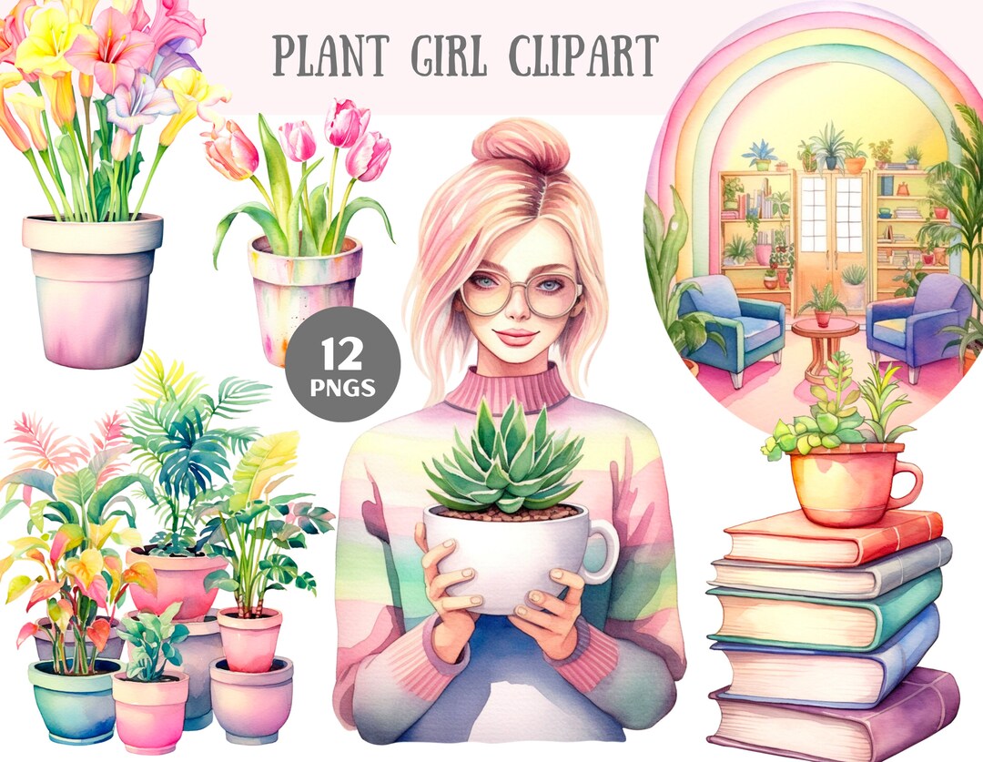 Watercolour Plant Girl Clipart Rainbow Houseplant Lover PNG Digital ...