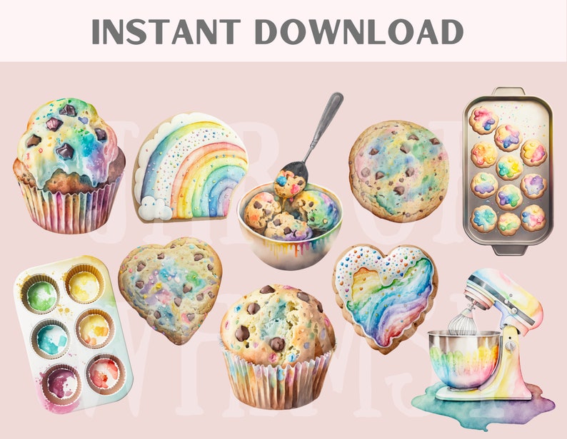 Watercolour Rainbow Baking Clipart Cookies Cupcakes PNG - Etsy