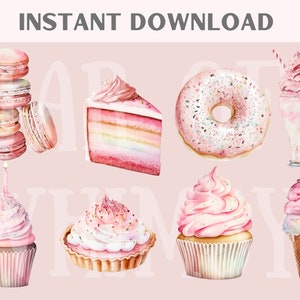 Watercolour Pink Sweet Treats Clipart - Donut Milkshake PNG Digital ...