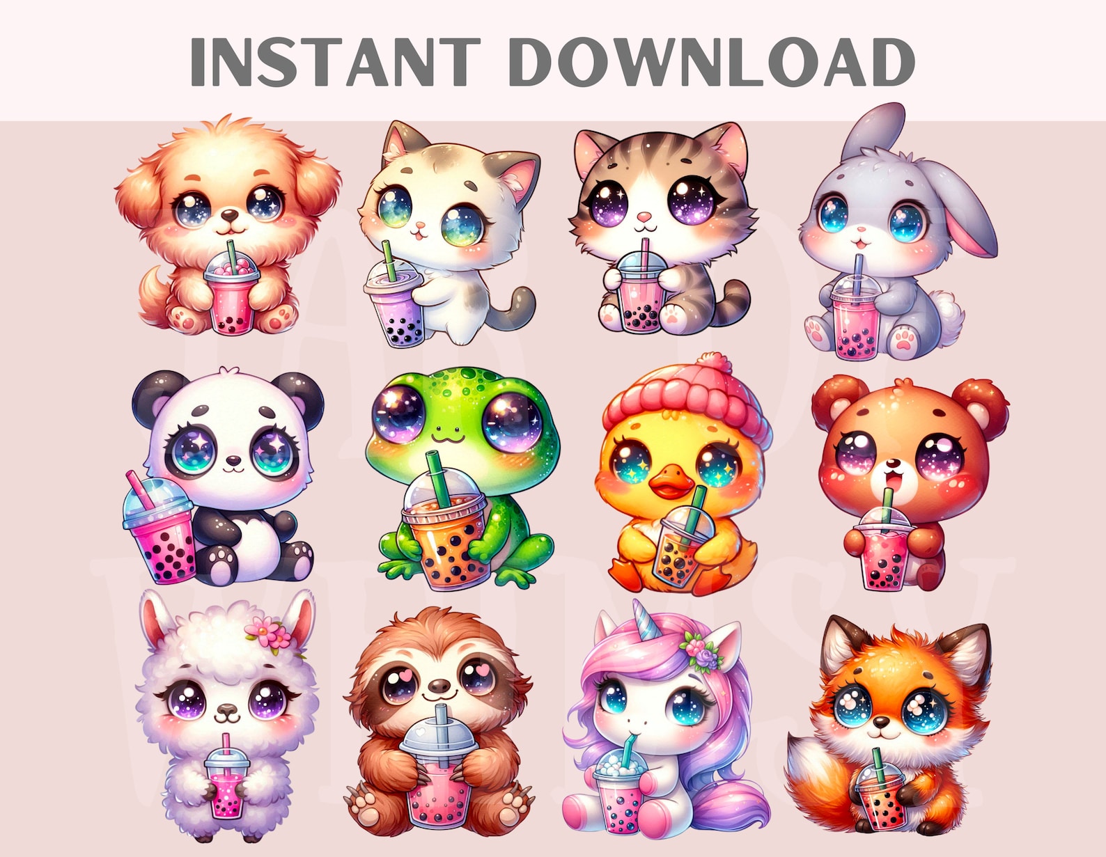 Watercolour Bubble Tea Animal Clipart Boba Tea Animals PNG Digital ...
