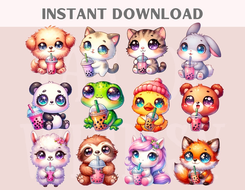 Watercolour Bubble Tea Animal Clipart Boba Tea Animals PNG Digital ...