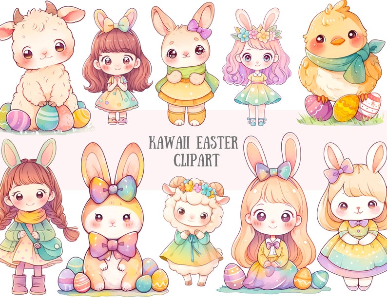 Watercolour Kawaii Easter Clipart Cute Chibi Easter Girl PNG Digital ...