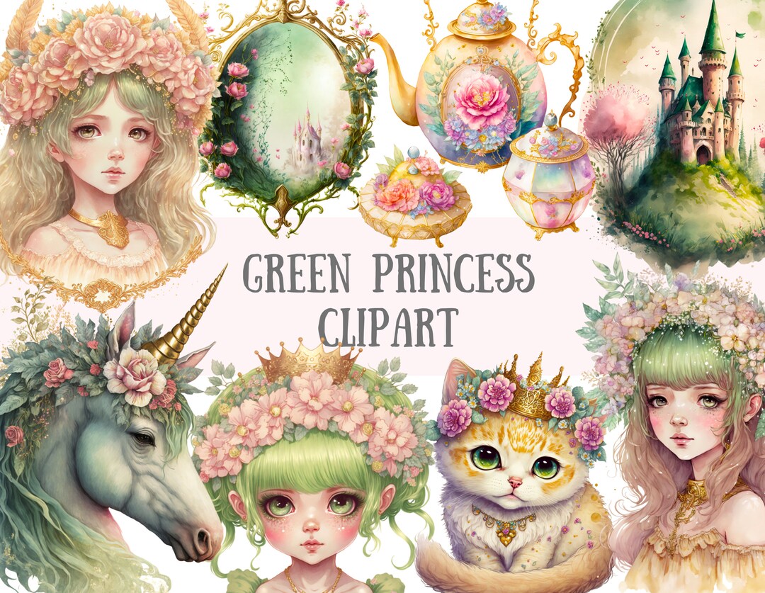 Watercolour Green Princess Clipart - Fairytale Fantasy PNG Digital ...