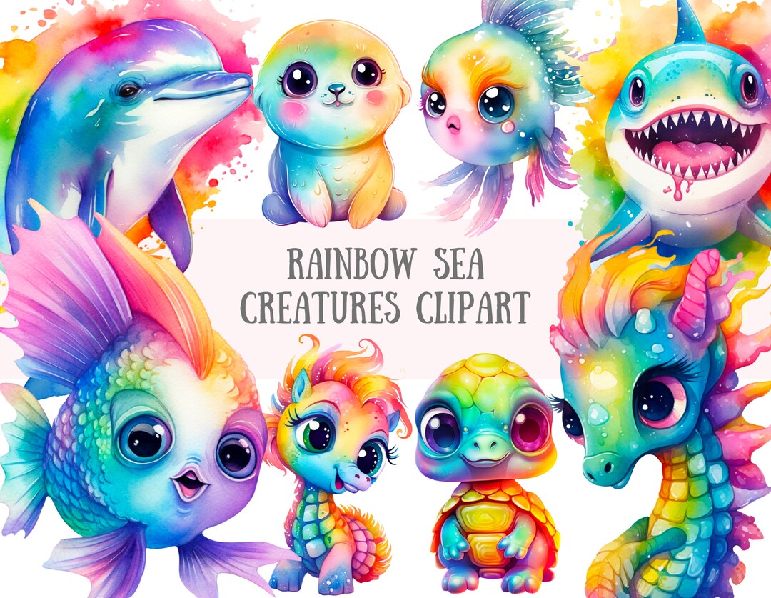 Watercolour Rainbow Sea Creatures Clipart Turtle Sea Horse PNG Digital ...