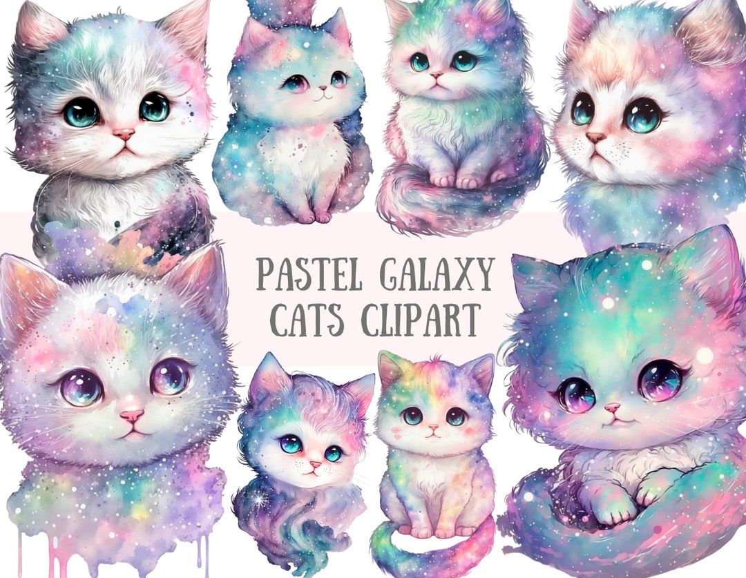 Watercolour Pastel Galaxy Cats Clipart Kawaii Cat PNG Digital Image ...