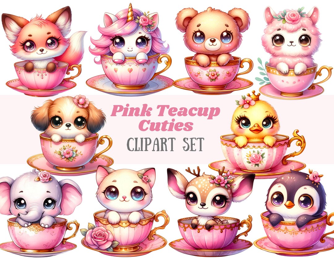 Watercolour Pink Tea Cup Animal Clipart Vintage Tea Party PNG Digital ...