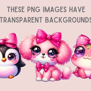 Watercolour Pink Glitter Animal Clipart Kawaii Animals PNG Digital ...