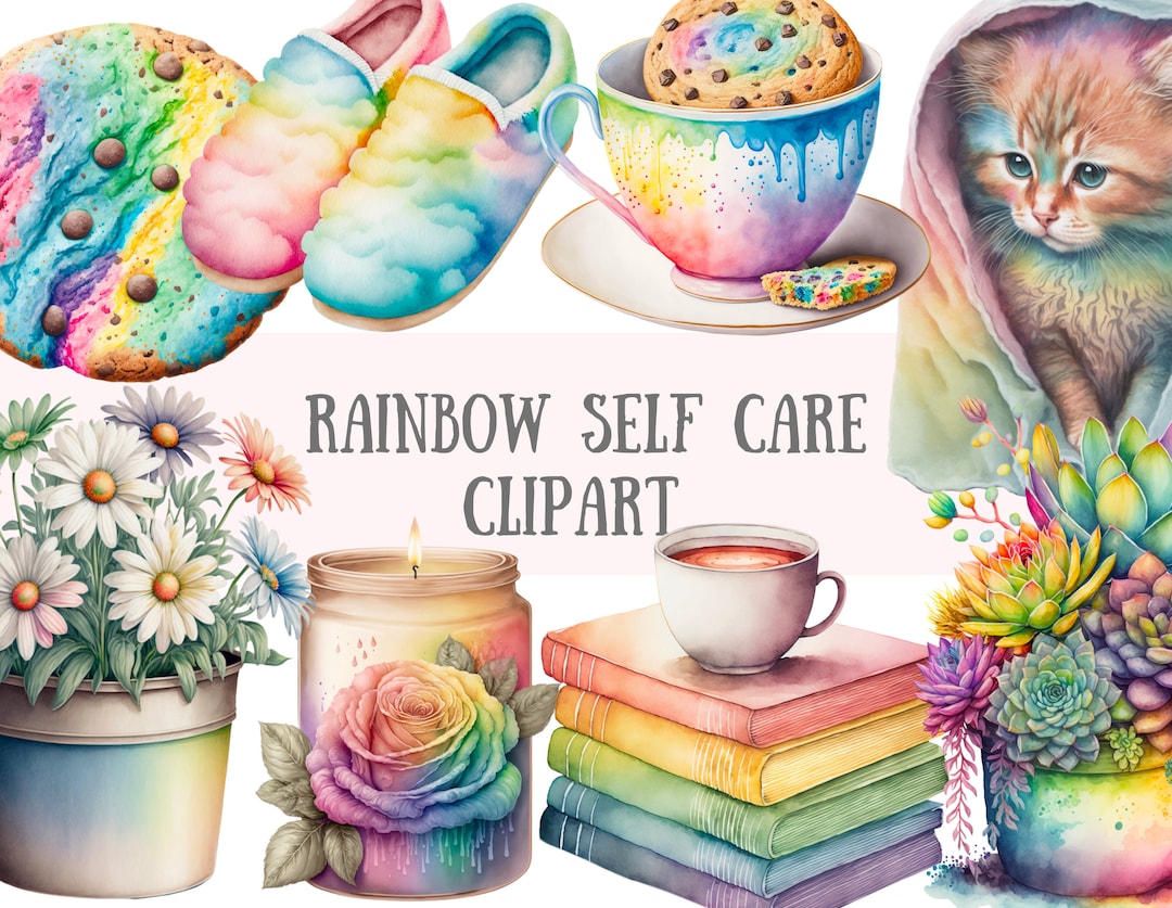 Watercolour Rainbow Self Care Clipart - Kawaii Self Love PNG Digital ...