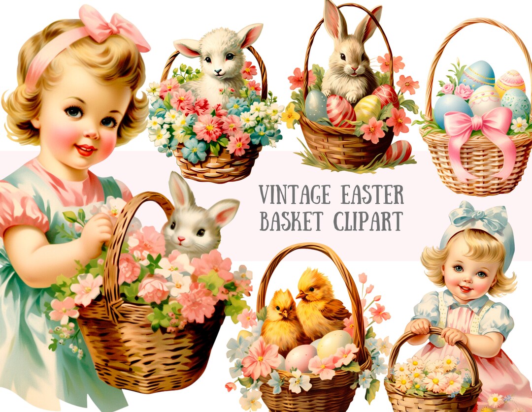 Watercolour Vintage Easter Basket Clipart Retro Easter Girl PNG Digital ...