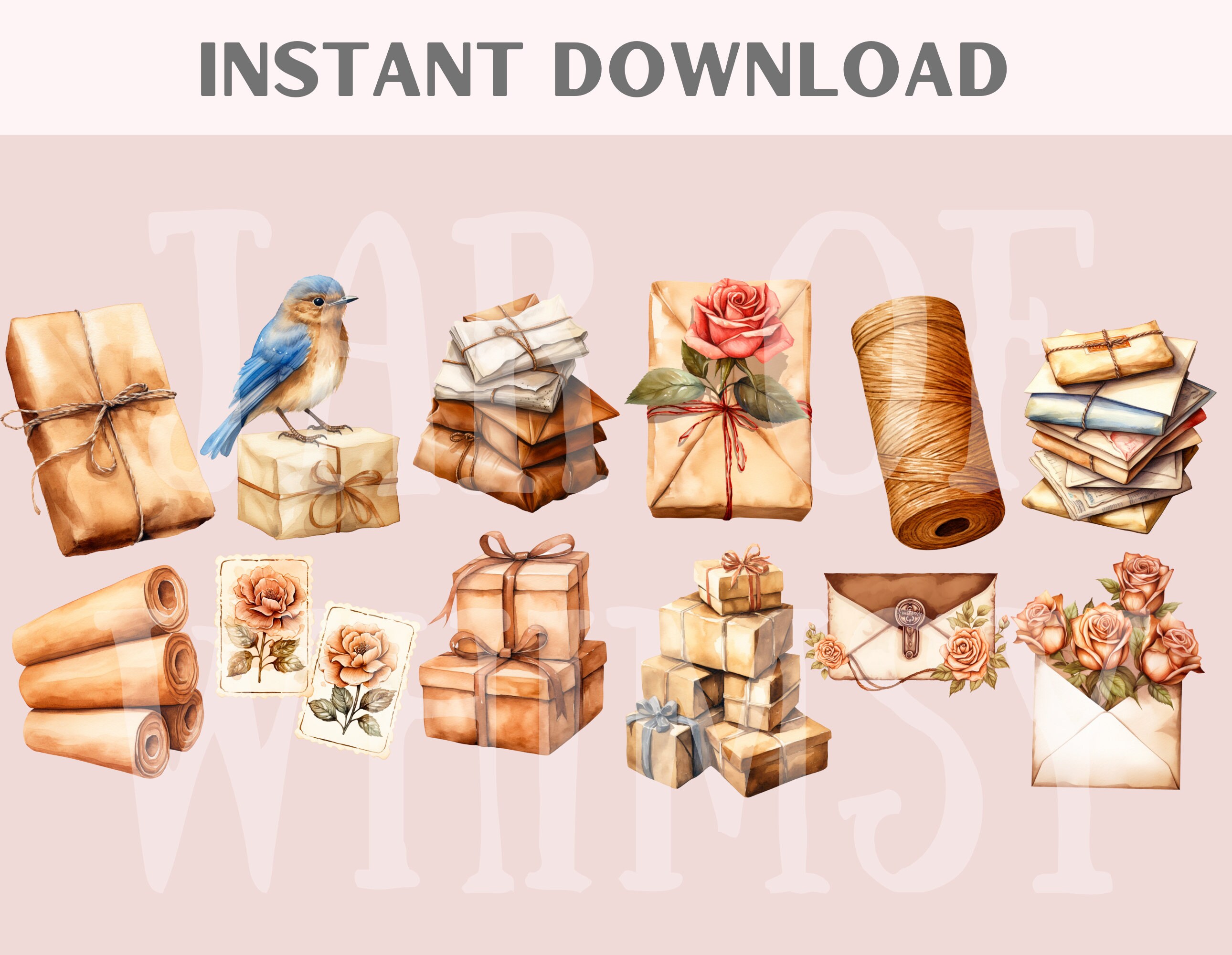 Watercolour Vintage Mail Clipart Post Office Happy Mail PNG Digital ...