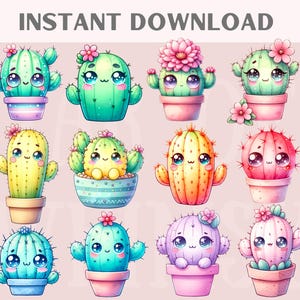 Watercolour Kawaii Cactus Clipart Cute Cactus Pot Plant PNG Digital ...