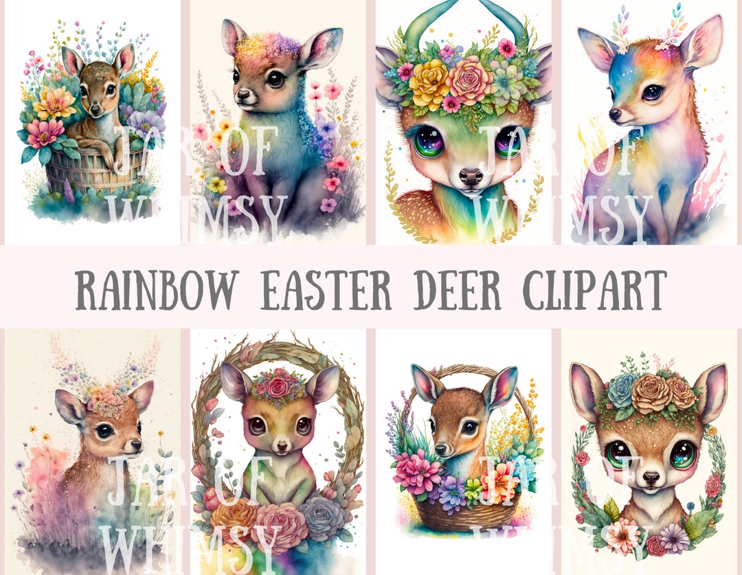 Watercolour Rainbow Easter Deer Clipart - Kitsch Deer PNG Digital Image ...