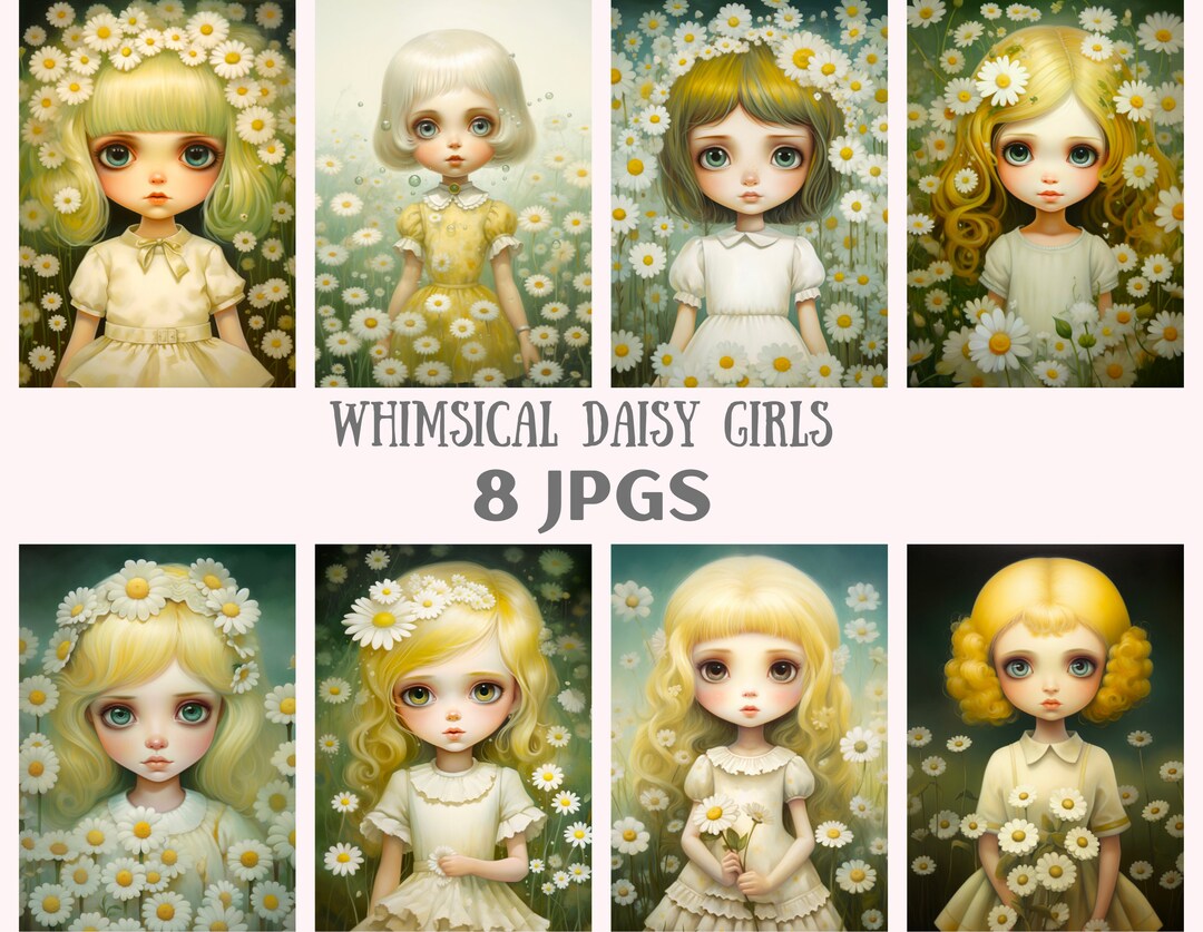 Watercolour Whimsical Daisy Girl Clipart Big Eyed Girl Art JPG Digital ...