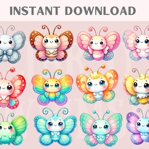 Watercolour Kawaii Butterfly Clipart Colourful Cute Chibi PNG Digital ...