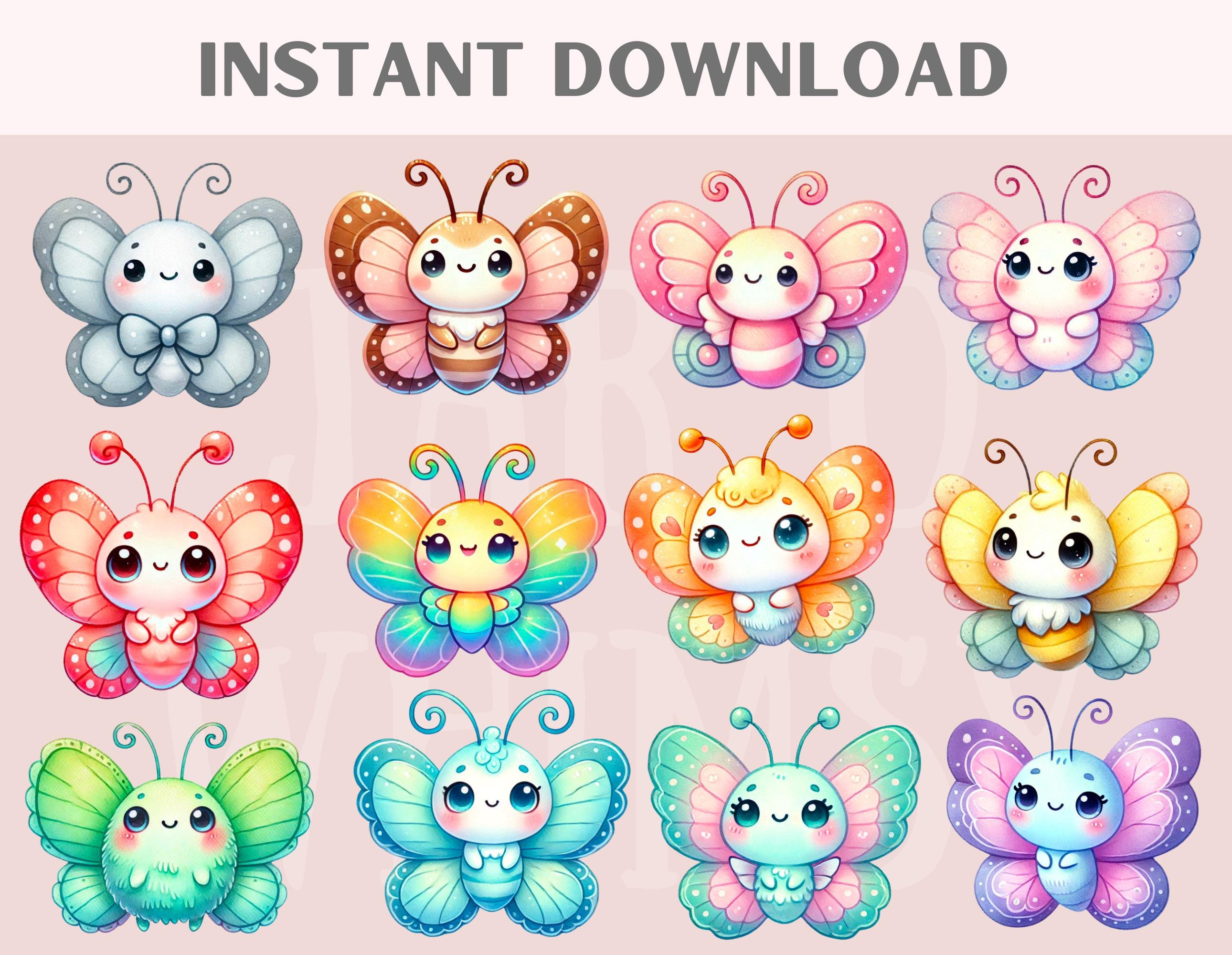Watercolour Kawaii Butterfly Clipart Colourful Cute Chibi PNG Digital ...