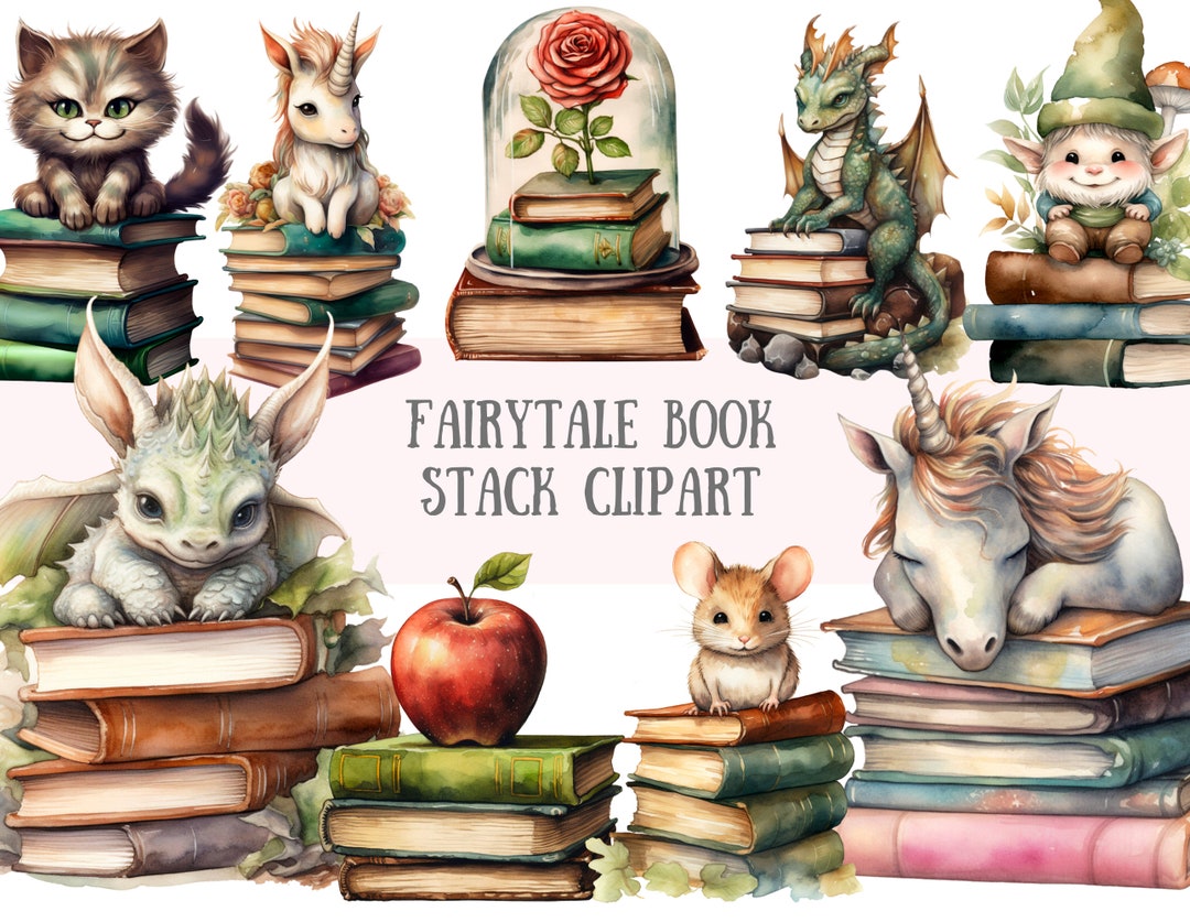 Watercolour Fairytale Book Stack Clipart Bookcase Bookworm PNG Digital ...
