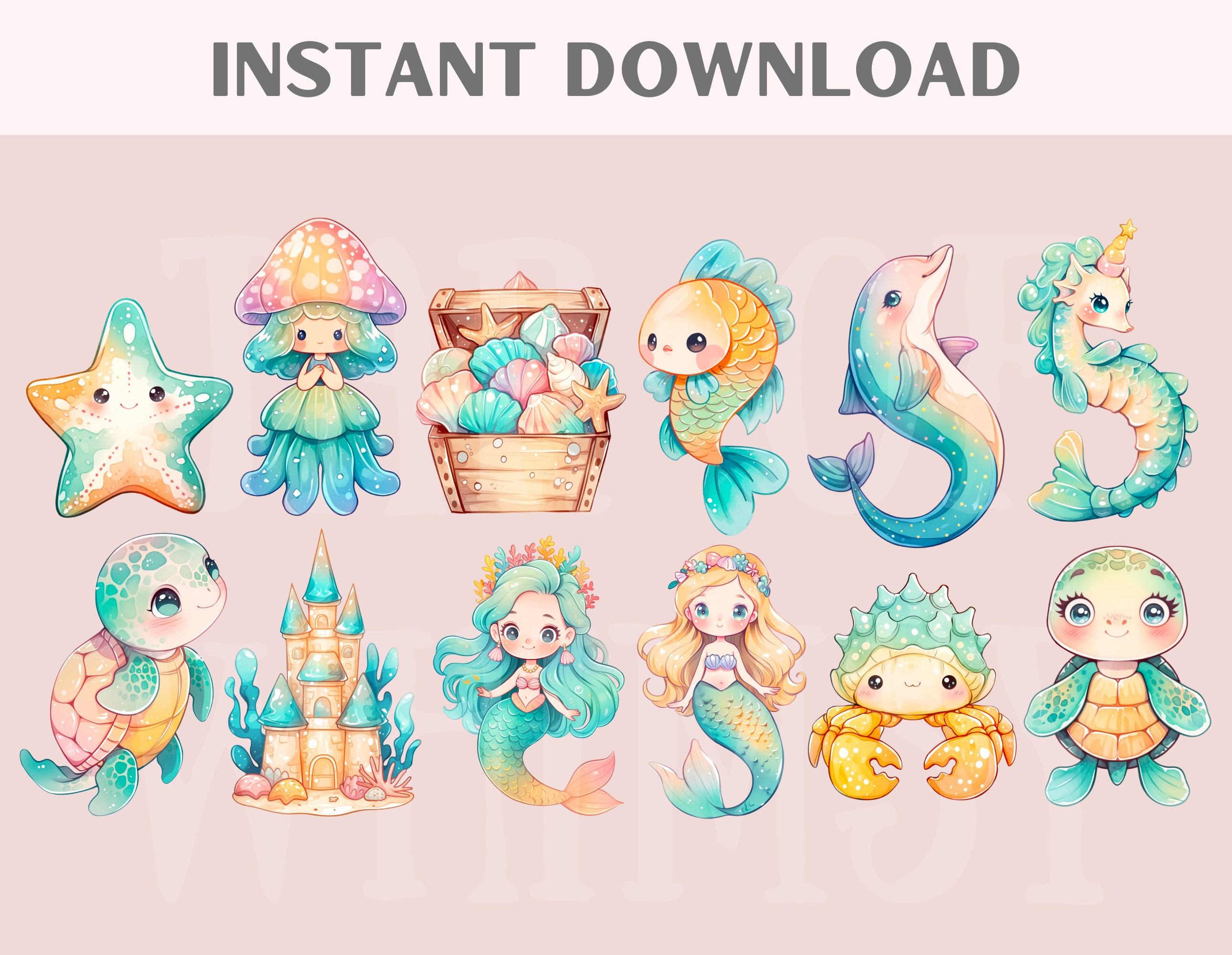 Watercolour Kawaii Under the Sea Clipart Cute Chibi Mermaid PNG Digital ...