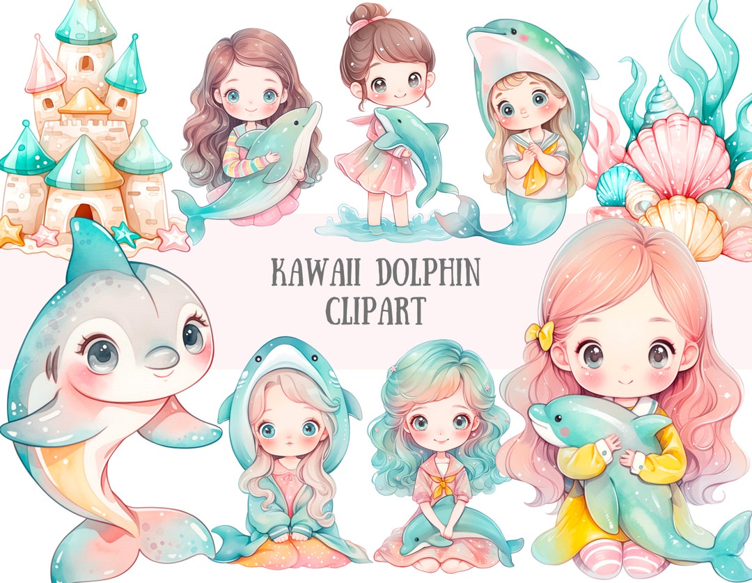 Watercolour Kawaii Dolphin Clipart Cute Chibi Beach Girl PNG Digital ...