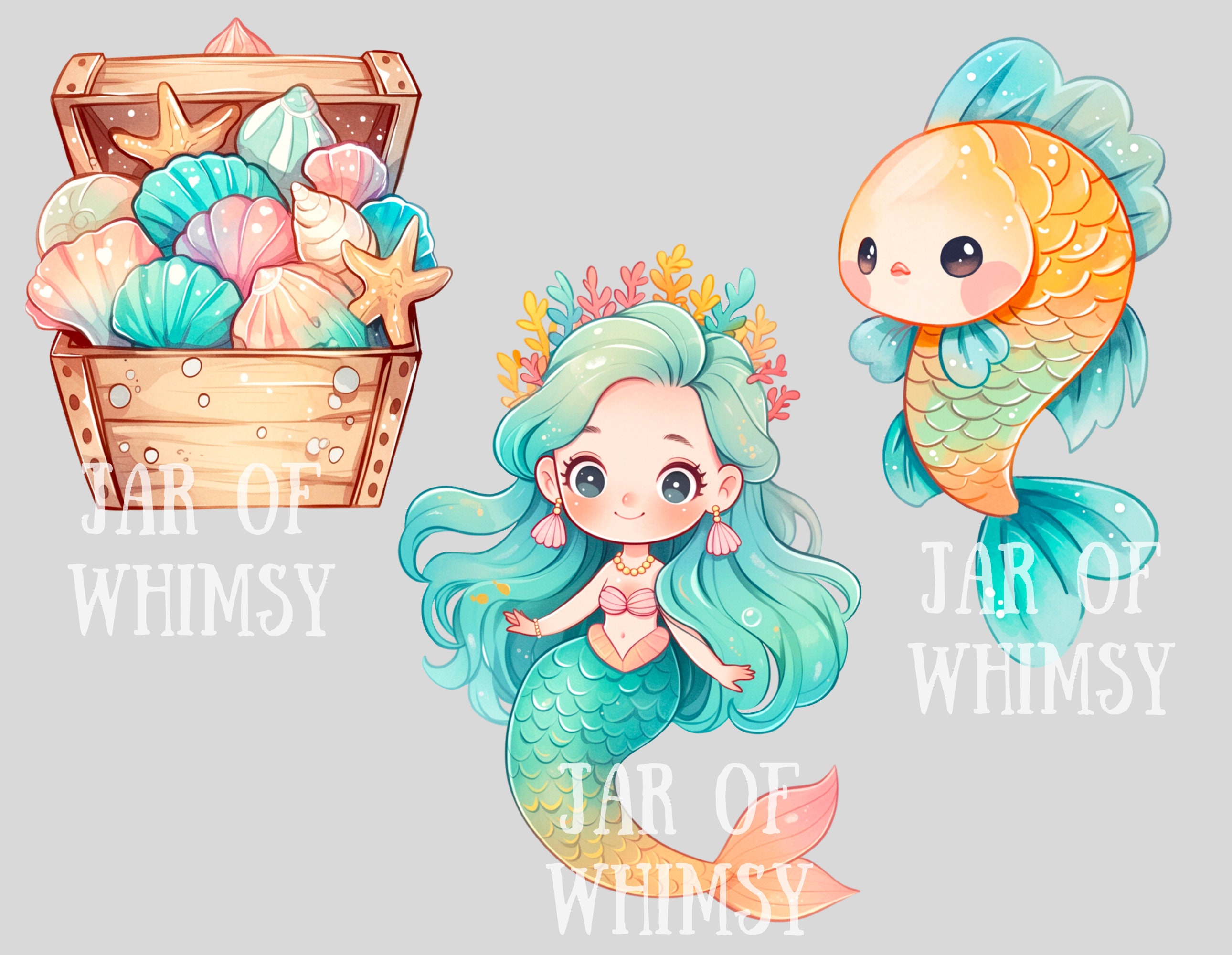 Watercolour Kawaii Under the Sea Clipart Cute Chibi Mermaid PNG Digital ...