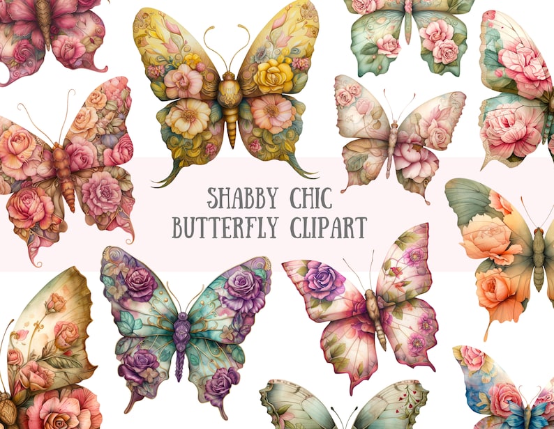 Watercolour Shabby Chic Butterfly Clipart Vintage Butterfly PNG Digital ...