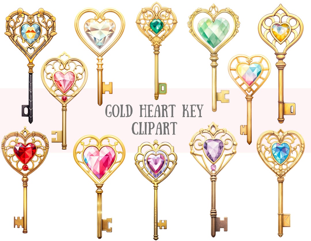 Watercolour Gold Heart Key Clipart Valentine Key to My Heart PNG ...