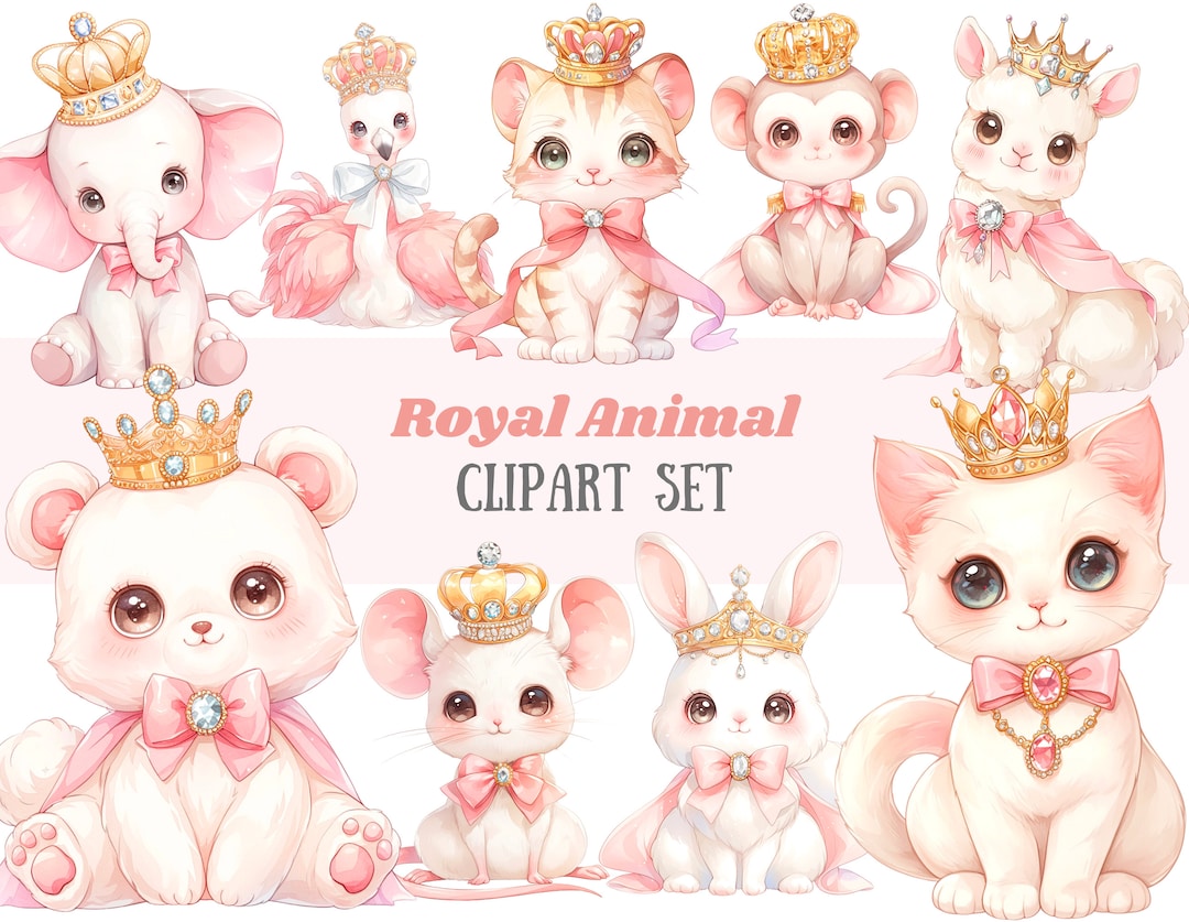 Watercolour Royal Animal Clipart Kawaii Pink Princess Animals PNG ...