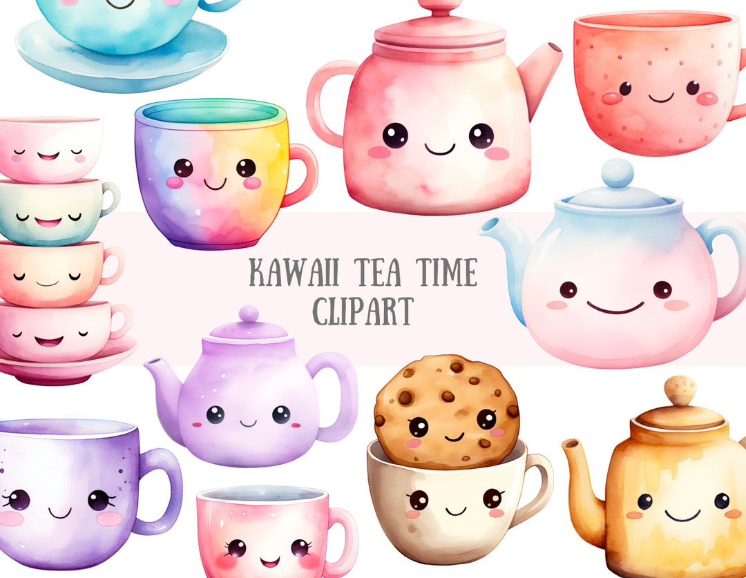 Watercolour Kawaii Tea Time Clipart Cute Teacup Teapot PNG Digital ...