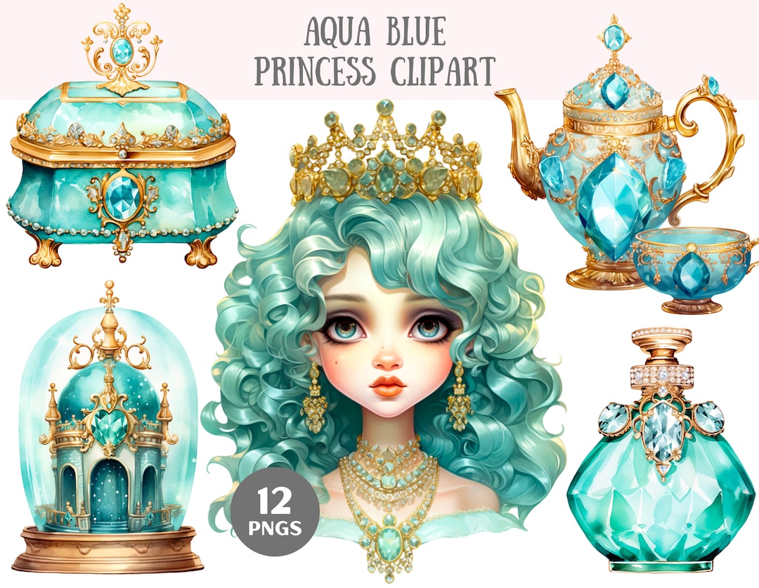 Watercolour Aqua Blue Princess Clipart Fantasy Illustration PNG Digital ...
