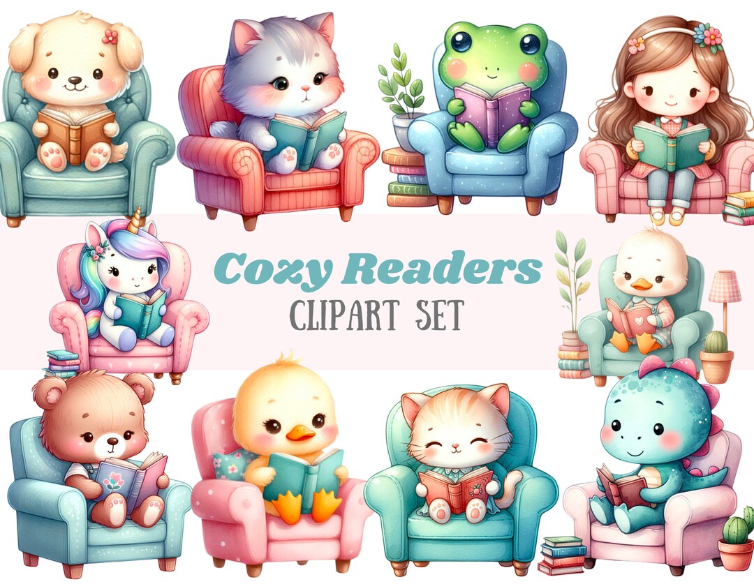 Watercolour Cozy Reading Animal Clipart Kawaii Bookworm Animal PNG ...