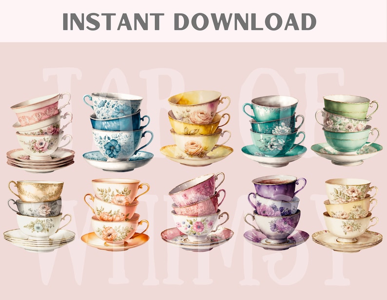 Watercolour Vintage Teacup Stacks Clipart Tea Time PNG - Etsy