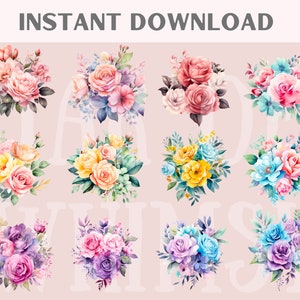 Watercolour Spring Rose Bouquet Clipart Flowers Floral PNG Digital ...
