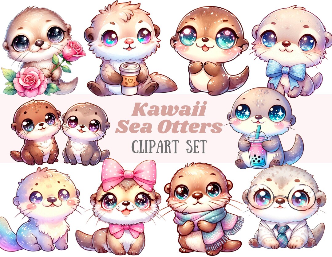 Watercolour Kawaii Sea Otter Clipart Cute Baby Sea Otters PNG Digital ...