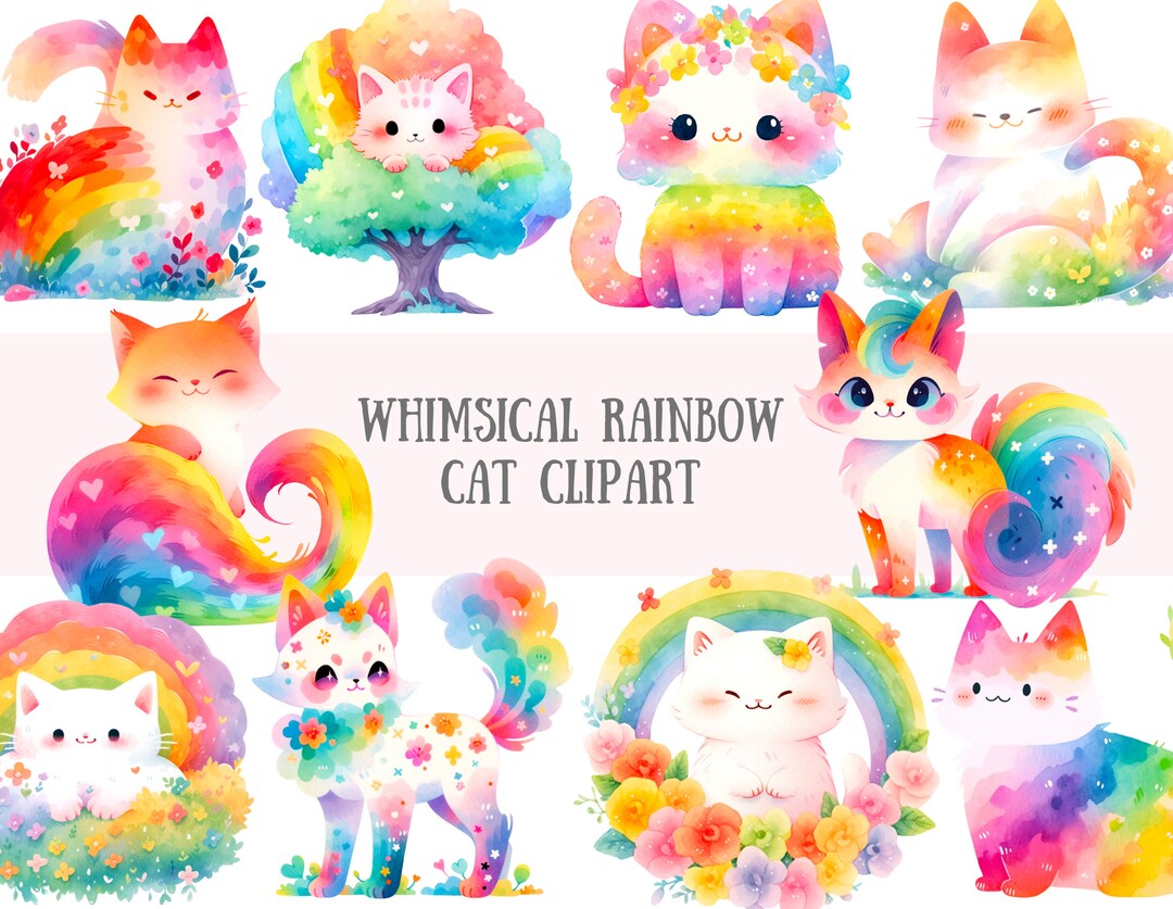 Watercolour Whimsical Rainbow Cat Clipart Colourful Kitty PNG Digital ...
