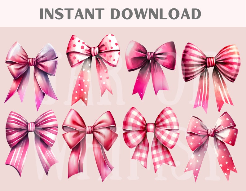 Watercolour Hot Pink Bows Clipart Bright Pink Satin Bow Png Etsy