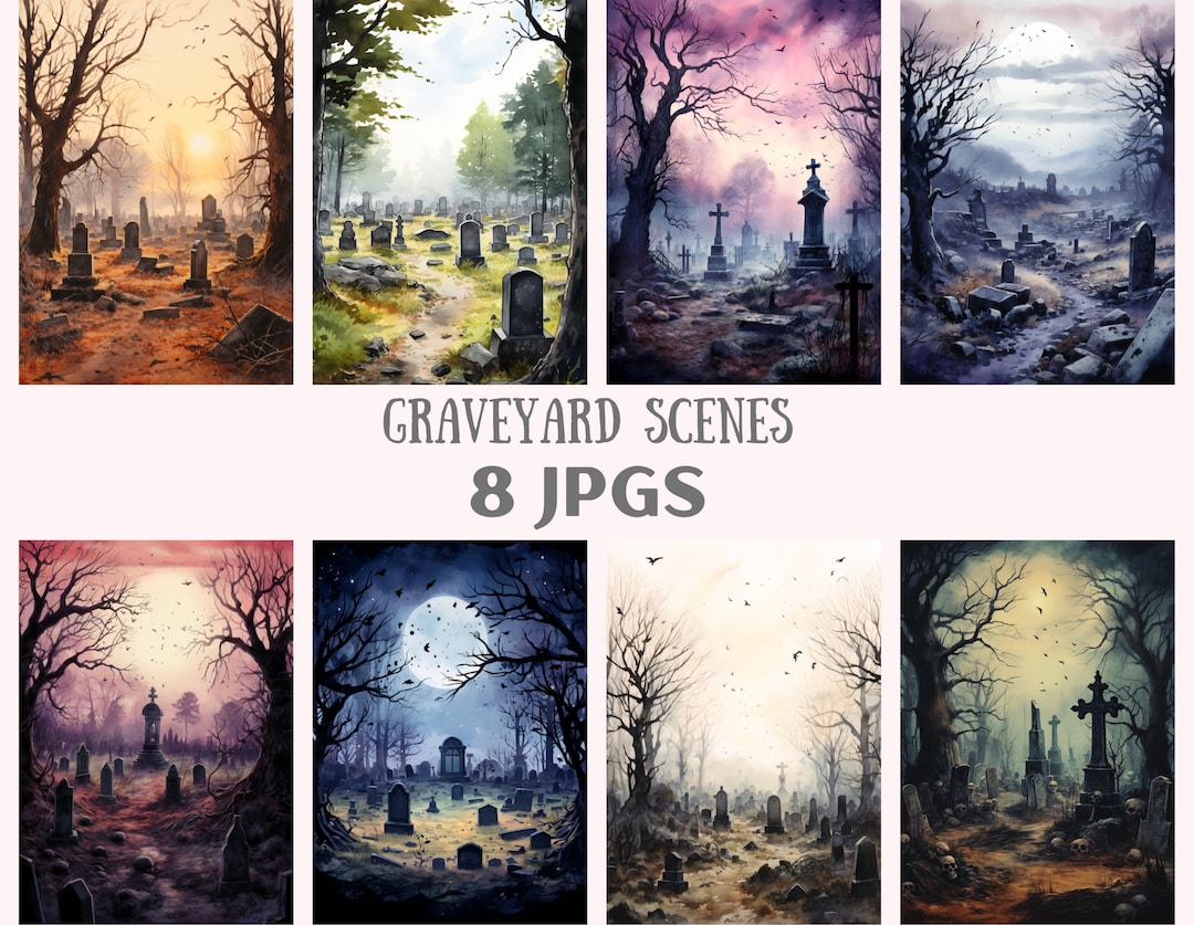 Watercolour Graveyard Scene Clipart Spooky Cemetery JPG Digital Image ...